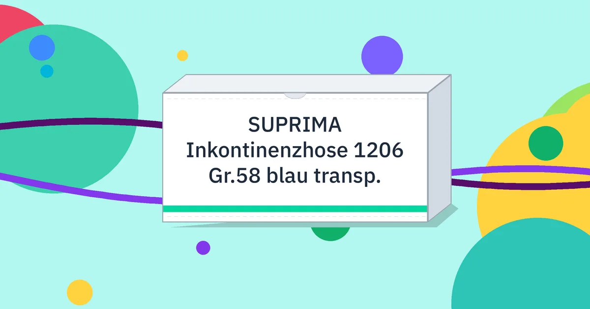 Symbolbild: Packung mit der Aufschrift SUPRIMA Inkontinenzhose 1206 Gr.58 blau transp. (PZN 01515321) – Verfügbarkeit und Bezug in Apotheken in Frankfurt am Main