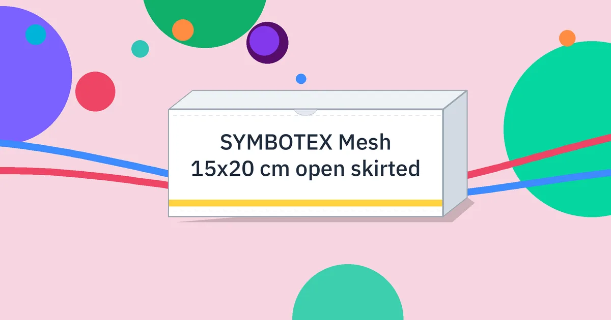 Symbolbild: Packung mit der Aufschrift SYMBOTEX Mesh 15x20 cm open skirted (PZN 10631150) – Verfügbarkeit und Bezug in Apotheken in Frankfurt am Main