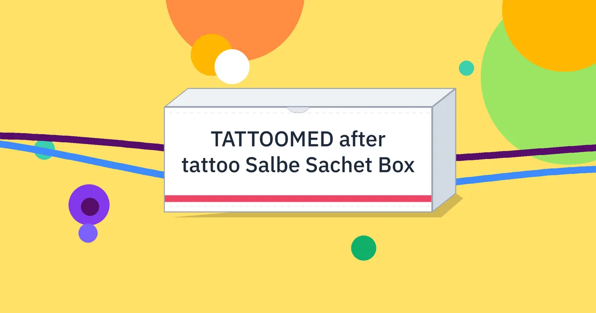 Symbolbild: Packung mit der Aufschrift TATTOOMED after tattoo Salbe Sachet Box (PZN 19289173) – Verfügbarkeit und Bezug in Apotheken in Frankfurt am Main