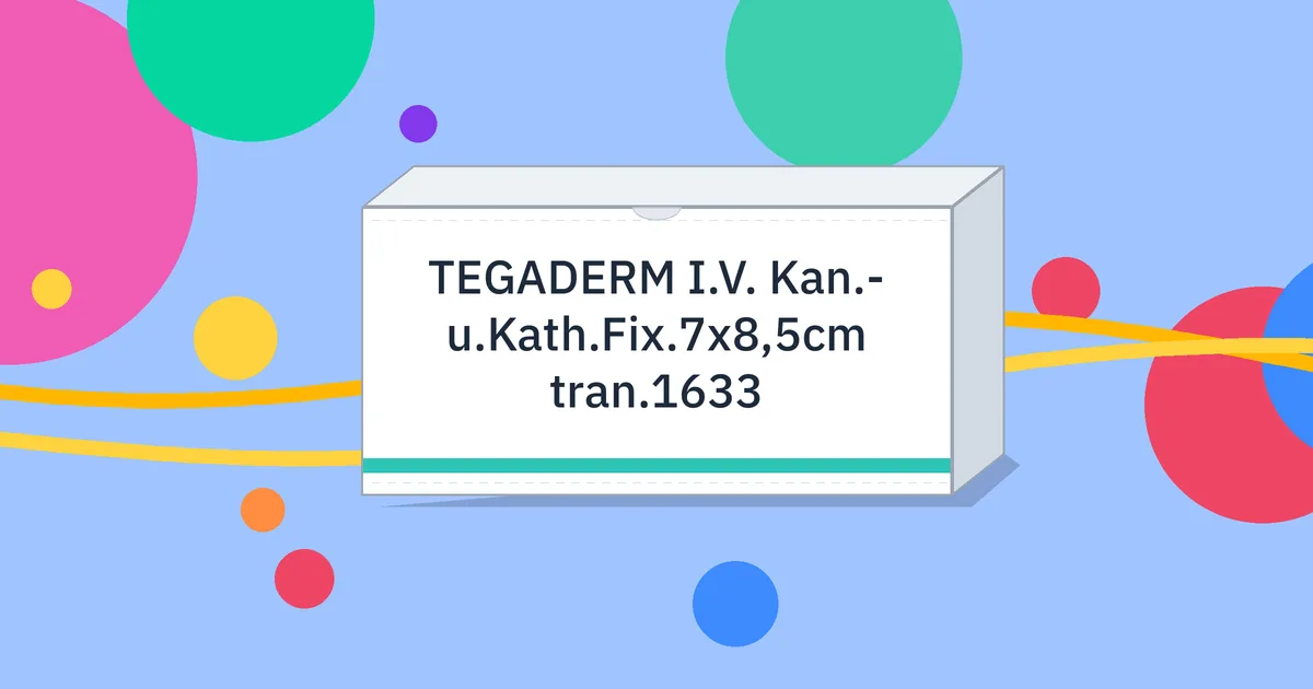 Symbolbild: Packung mit der Aufschrift TEGADERM I.V. Kan.-u.Kath.Fix.7x8,5cm tran.1633 (PZN 11846450) – Verfügbarkeit und Bezug in Apotheken in Frankfurt am Main