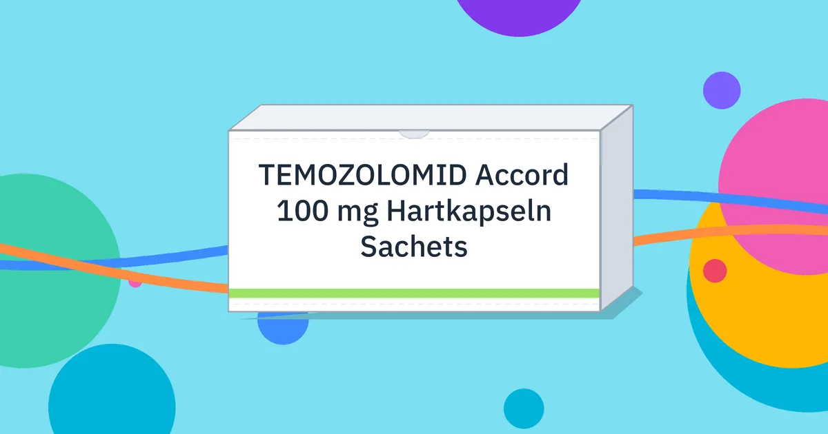 Symbolbild: Packung mit der Aufschrift TEMOZOLOMID Accord 100 mg Hartkapseln Sachets (PZN 16563900) – Verfügbarkeit und Bezug in Apotheken in Frankfurt am Main