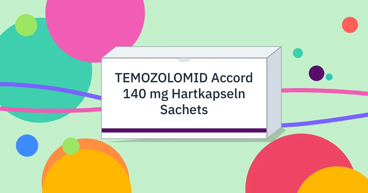 Symbolbild: Packung mit der Aufschrift TEMOZOLOMID Accord 140 mg Hartkapseln Sachets (PZN 11291294) – Verfügbarkeit und Bezug in Apotheken in Frankfurt am Main