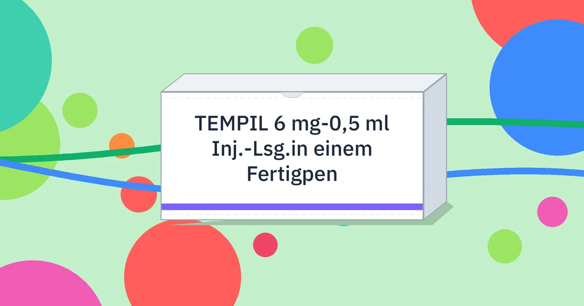 Symbolbild: Packung mit der Aufschrift TEMPIL 6 mg-0,5 ml Inj.-Lsg.in einem Fertigpen (PZN 17549380) – Verfügbarkeit und Bezug in Apotheken in Frankfurt am Main