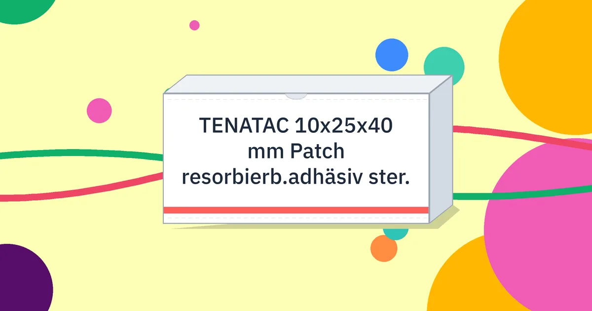 Symbolbild: Packung mit der Aufschrift TENATAC 10x25x40 mm Patch resorbierb.adhäsiv ster. (PZN 16210780) – Verfügbarkeit und Bezug in Apotheken in Frankfurt am Main