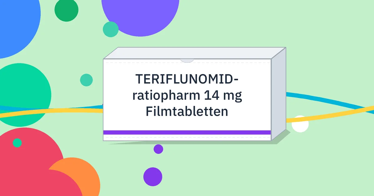 Symbolbild: Packung mit der Aufschrift TERIFLUNOMID-ratiopharm 14 mg Filmtabletten (PZN 18497188) – Verfügbarkeit und Bezug in Apotheken in Frankfurt am Main