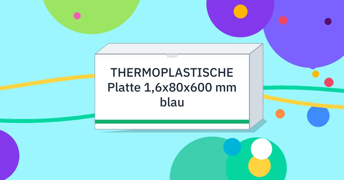 Symbolbild: Packung mit der Aufschrift THERMOPLASTISCHE Platte 1,6x80x600 mm blau (PZN 11550005) – Verfügbarkeit und Bezug in Apotheken in Frankfurt am Main