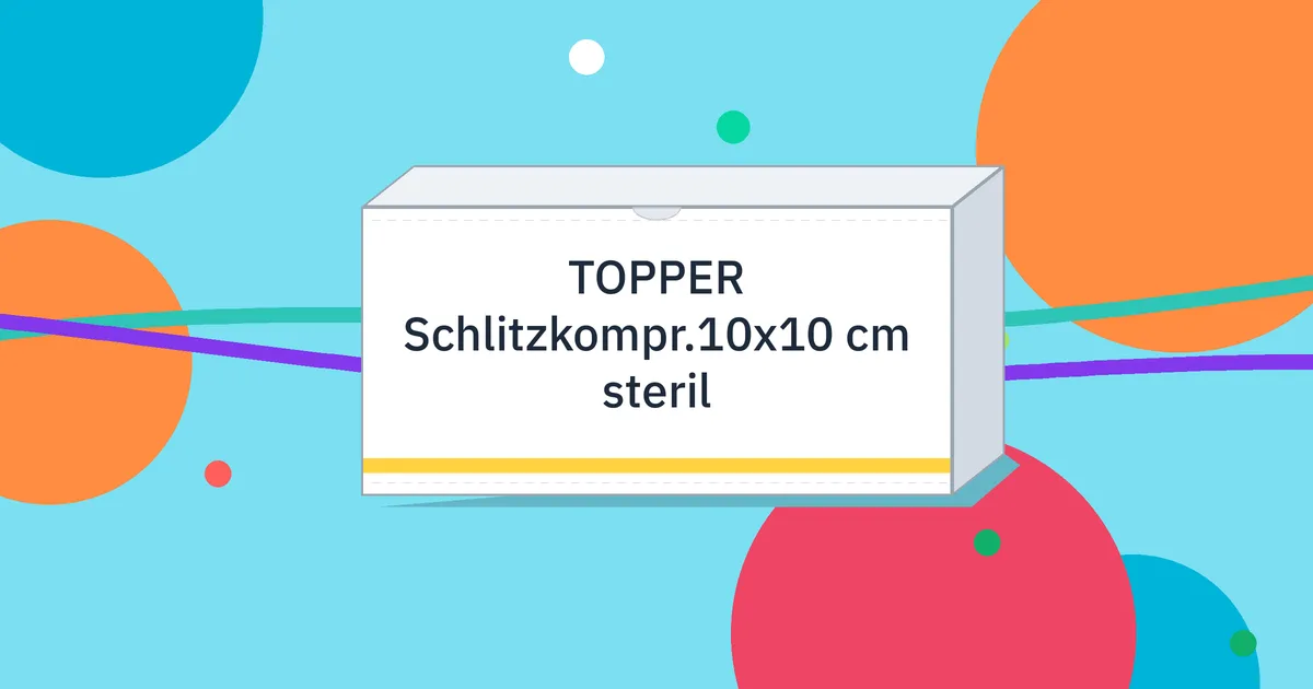 Symbolbild: Packung mit der Aufschrift TOPPER Schlitzkompr.10x10 cm steril (PZN 11184753) – Verfügbarkeit und Bezug in Apotheken in Frankfurt am Main
