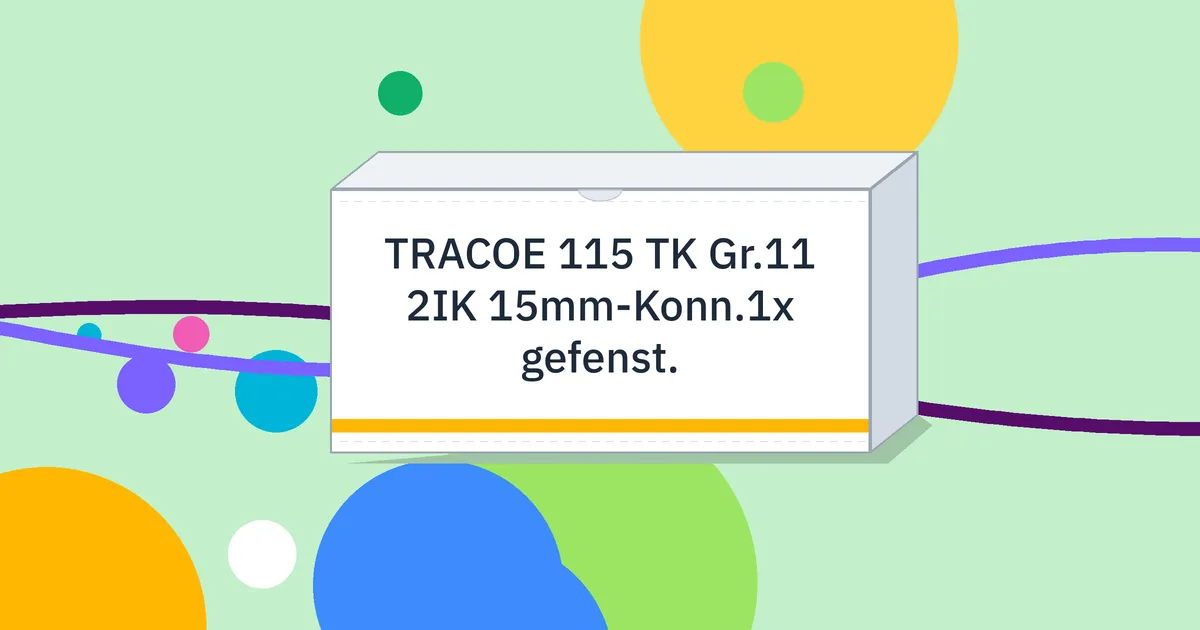 Symbolbild: Packung mit der Aufschrift TRACOE 115 TK Gr.11 2IK 15mm-Konn.1x gefenst. (PZN 10626172) – Verfügbarkeit und Bezug in Apotheken in Frankfurt am Main