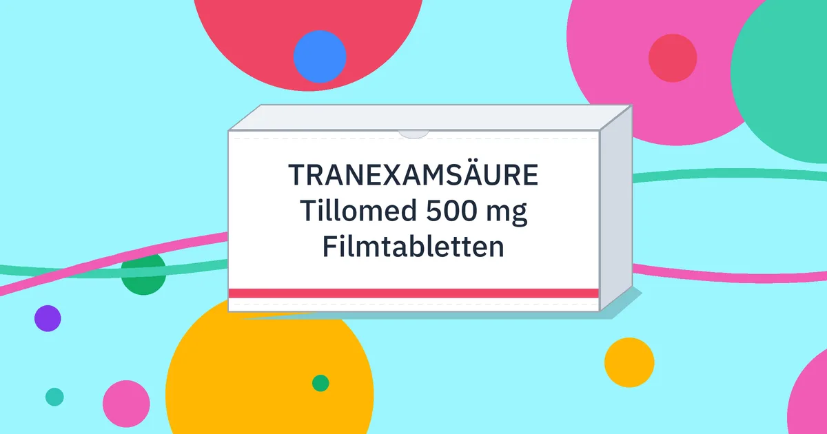 Symbolbild: Packung mit der Aufschrift TRANEXAMSÄURE Tillomed 500 mg Filmtabletten (PZN 13825854) – Verfügbarkeit und Bezug in Apotheken in Frankfurt am Main