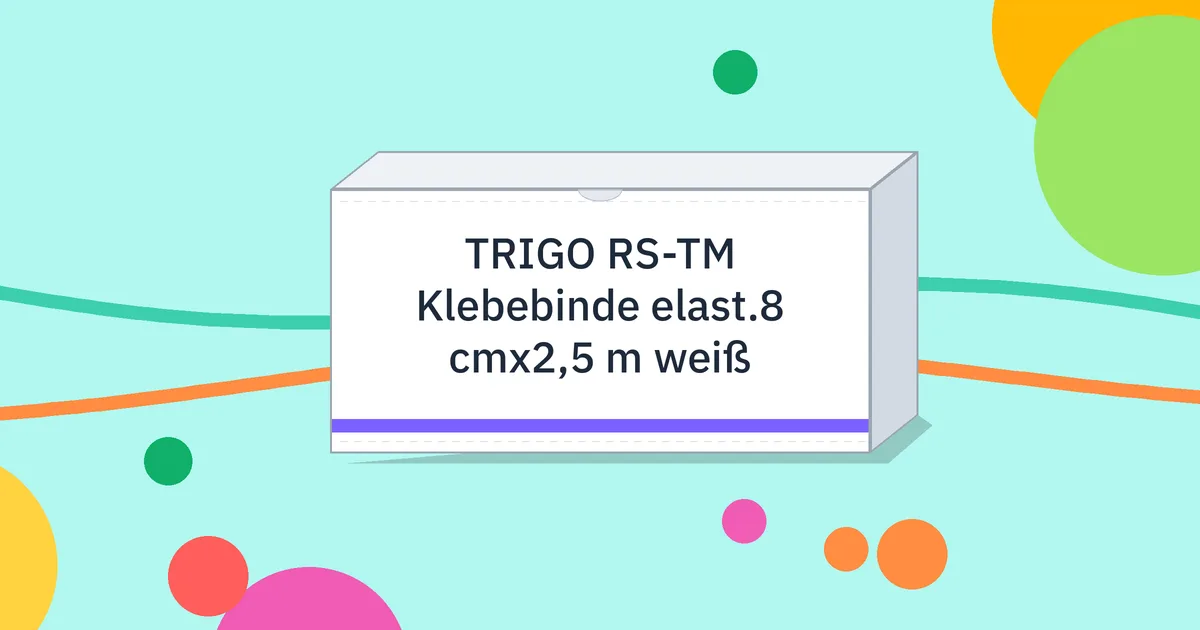 Symbolbild: Packung mit der Aufschrift TRIGO RS-TM Klebebinde elast.8 cmx2,5 m weiß (PZN 20342895) – Verfügbarkeit und Bezug in Apotheken in Frankfurt am Main