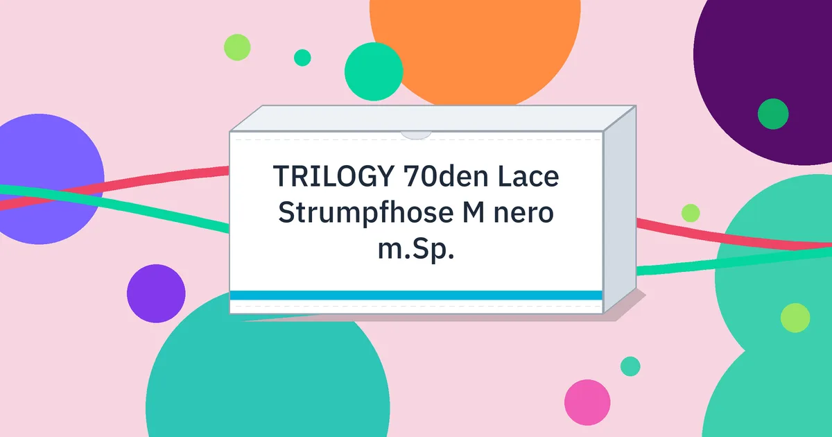 Symbolbild: Packung mit der Aufschrift TRILOGY 70den Lace Strumpfhose M nero m.Sp. (PZN 19165637) – Verfügbarkeit und Bezug in Apotheken in Frankfurt am Main