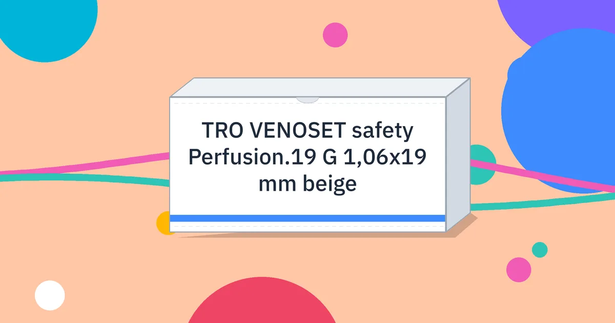 Symbolbild: Packung mit der Aufschrift TRO VENOSET safety Perfusion.19 G 1,06x19 mm beige (PZN 12378301) – Verfügbarkeit und Bezug in Apotheken in Frankfurt am Main