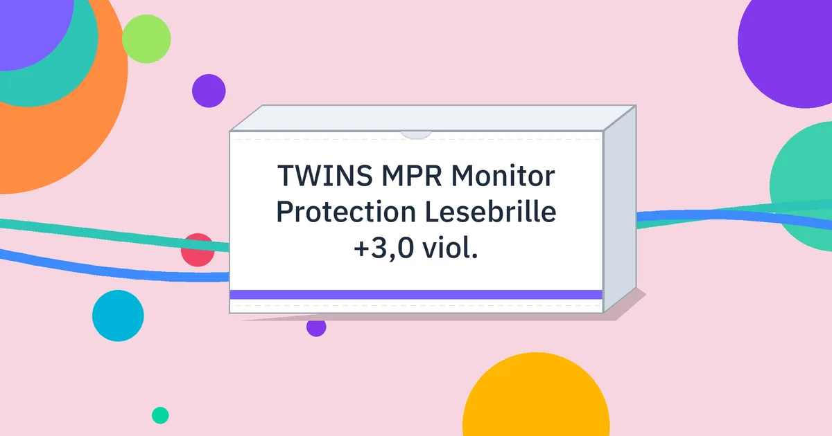 Symbolbild: Packung mit der Aufschrift TWINS MPR Monitor Protection Lesebrille +3,0 viol. (PZN 13344557) – Verfügbarkeit und Bezug in Apotheken in Frankfurt am Main