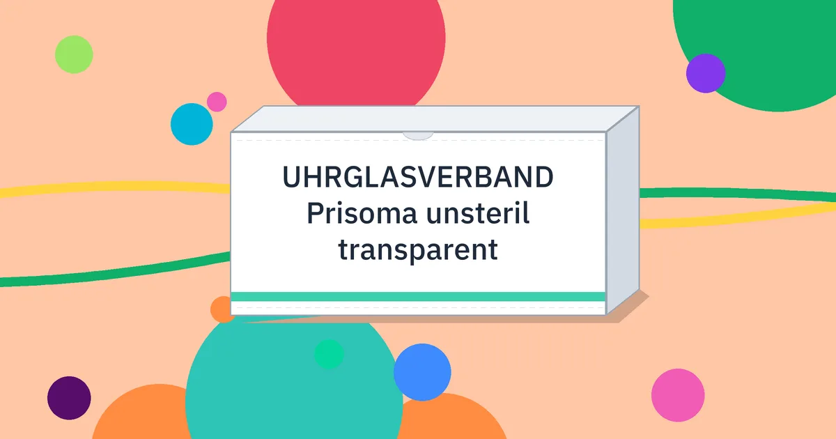Symbolbild: Packung mit der Aufschrift UHRGLASVERBAND Prisoma unsteril transparent (PZN 20121065) – Verfügbarkeit und Bezug in Apotheken in Frankfurt am Main