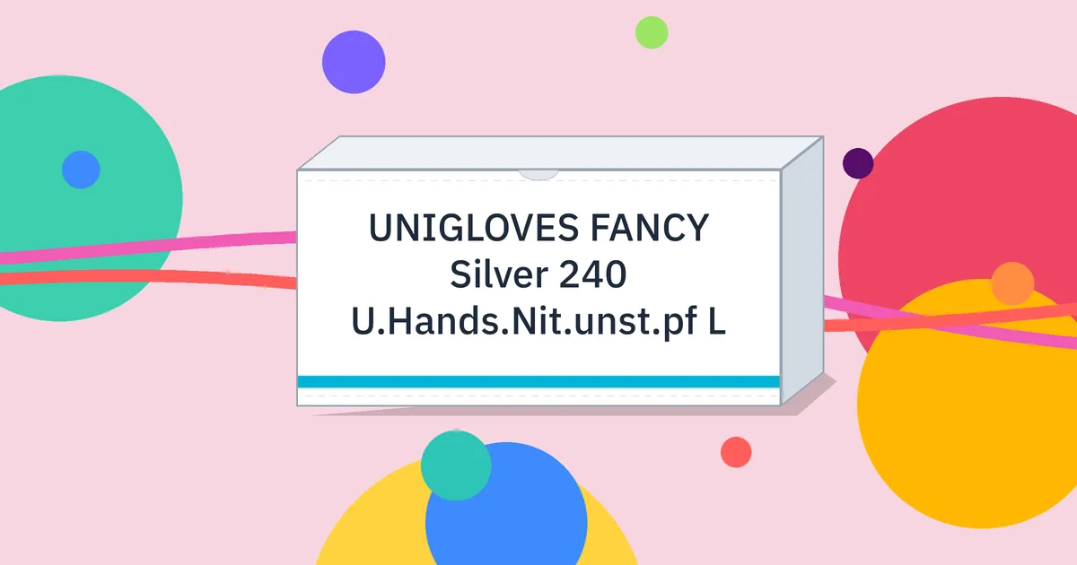 Symbolbild: Packung mit der Aufschrift UNIGLOVES FANCY Silver 240 U.Hands.Nit.unst.pf L (PZN 18725867) – Verfügbarkeit und Bezug in Apotheken in Frankfurt am Main