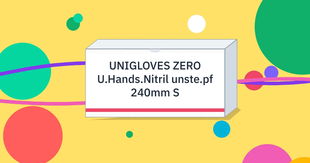 Symbolbild: Packung mit der Aufschrift UNIGLOVES ZERO U.Hands.Nitril unste.pf 240mm S (PZN 20079096) – Verfügbarkeit und Bezug in Apotheken in Frankfurt am Main