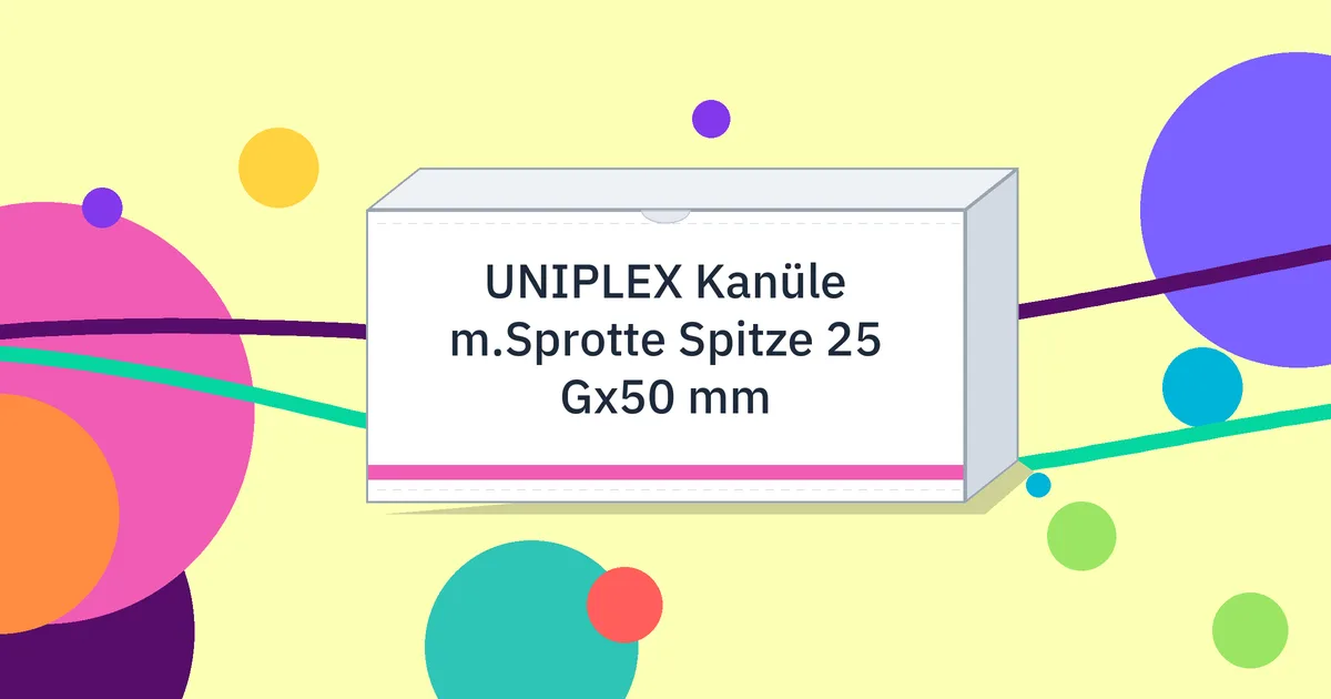 Symbolbild: Packung mit der Aufschrift UNIPLEX Kanüle m.Sprotte Spitze 25 Gx50 mm (PZN 03945103) – Verfügbarkeit und Bezug in Apotheken in Frankfurt am Main