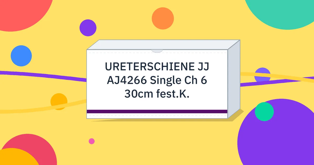 Symbolbild: Packung mit der Aufschrift URETERSCHIENE JJ AJ4266 Single Ch 6 30cm fest.K. (PZN 00753024) – Verfügbarkeit und Bezug in Apotheken in Frankfurt am Main