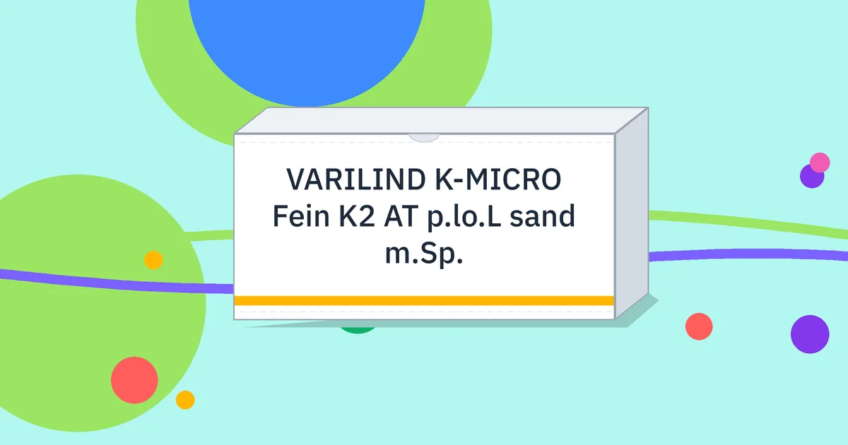 Symbolbild: Packung mit der Aufschrift VARILIND K-MICRO Fein K2 AT p.lo.L sand m.Sp. (PZN 20618328) – Verfügbarkeit und Bezug in Apotheken in Frankfurt am Main