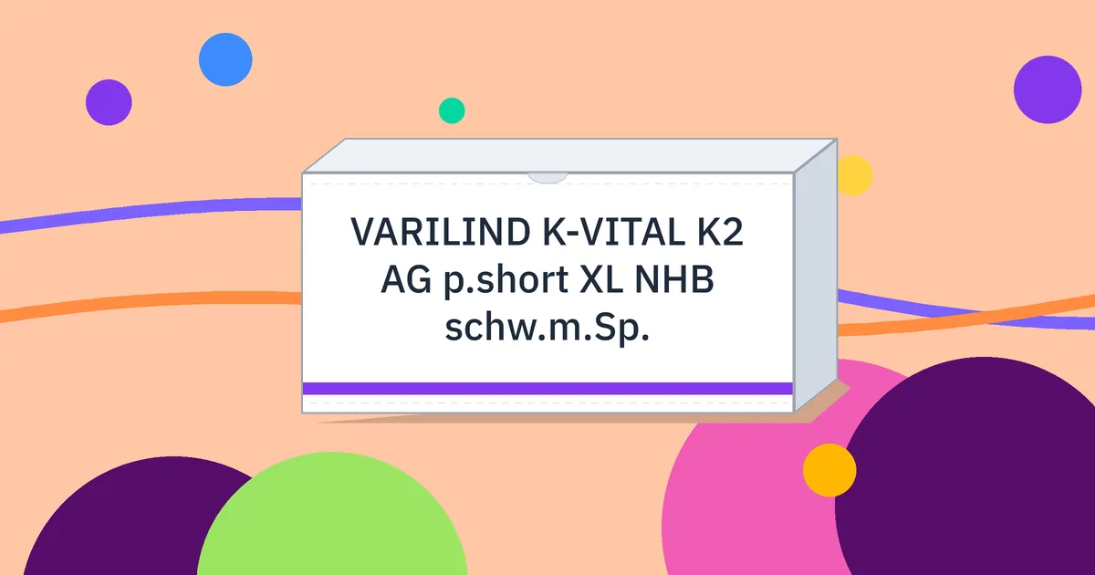 Symbolbild: Packung mit der Aufschrift VARILIND K-VITAL K2 AG p.short XL NHB schw.m.Sp. (PZN 20565135) – Verfügbarkeit und Bezug in Apotheken in Frankfurt am Main