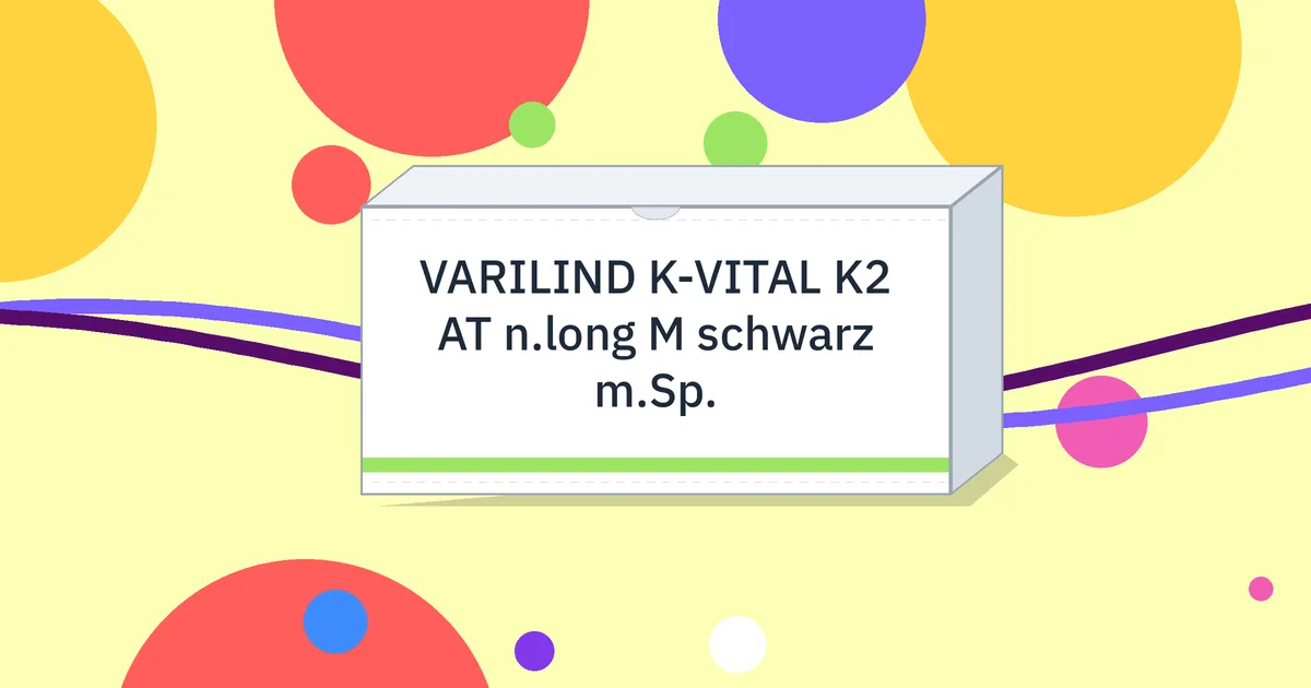 Symbolbild: Packung mit der Aufschrift VARILIND K-VITAL K2 AT n.long M schwarz m.Sp. (PZN 20561947) – Verfügbarkeit und Bezug in Apotheken in Frankfurt am Main