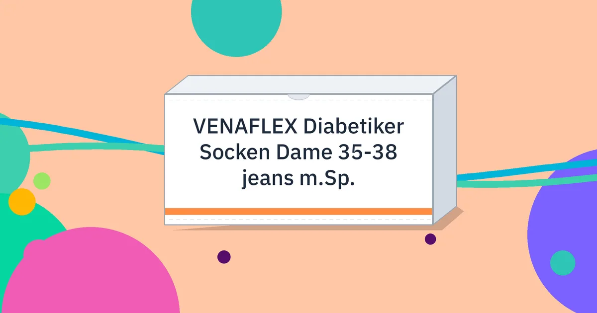 Symbolbild: Packung mit der Aufschrift VENAFLEX Diabetiker Socken Dame 35-38 jeans m.Sp. (PZN 18309330) – Verfügbarkeit und Bezug in Apotheken in Frankfurt am Main