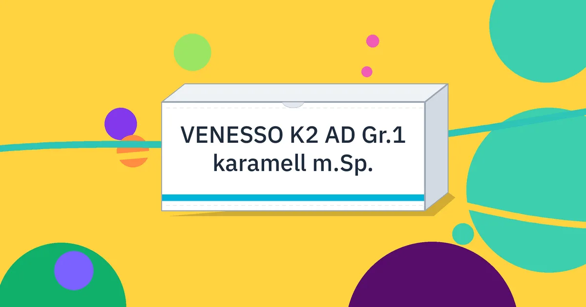 Symbolbild: Packung mit der Aufschrift VENESSO K2 AD Gr.1 karamell m.Sp. (PZN 13758046) – Verfügbarkeit und Bezug in Apotheken in Frankfurt am Main