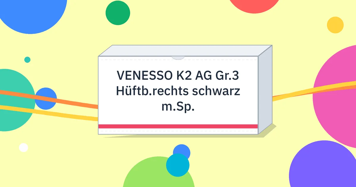 Symbolbild: Packung mit der Aufschrift VENESSO K2 AG Gr.3 Hüftb.rechts schwarz m.Sp. (PZN 03274235) – Verfügbarkeit und Bezug in Apotheken in Frankfurt am Main