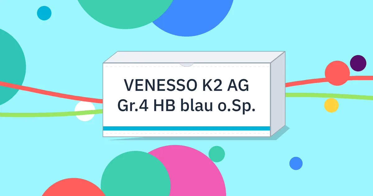 Symbolbild: Packung mit der Aufschrift VENESSO K2 AG Gr.4 HB blau o.Sp. (PZN 03265963) – Verfügbarkeit und Bezug in Apotheken in Frankfurt am Main