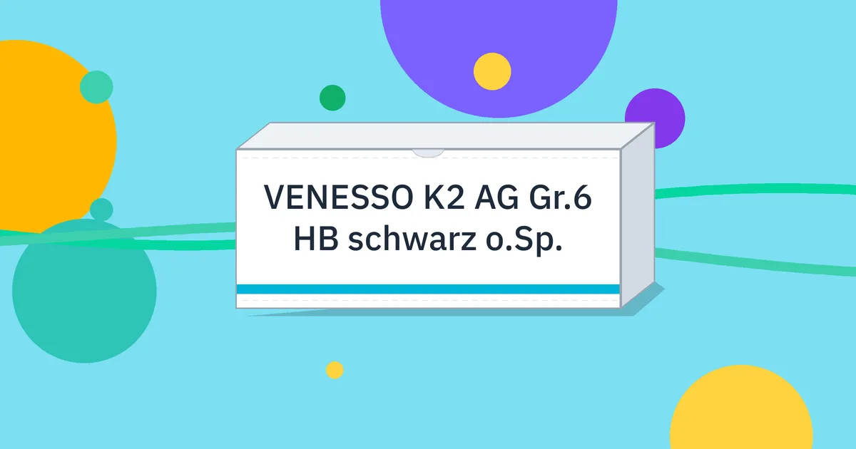 Symbolbild: Packung mit der Aufschrift VENESSO K2 AG Gr.6 HB schwarz o.Sp. (PZN 03265791) – Verfügbarkeit und Bezug in Apotheken in Frankfurt am Main