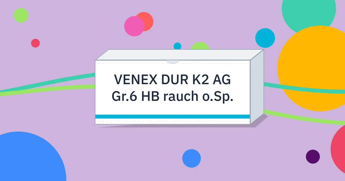 Symbolbild: Packung mit der Aufschrift VENEX DUR K2 AG Gr.6 HB rauch o.Sp. (PZN 03219673) – Verfügbarkeit und Bezug in Apotheken in Frankfurt am Main