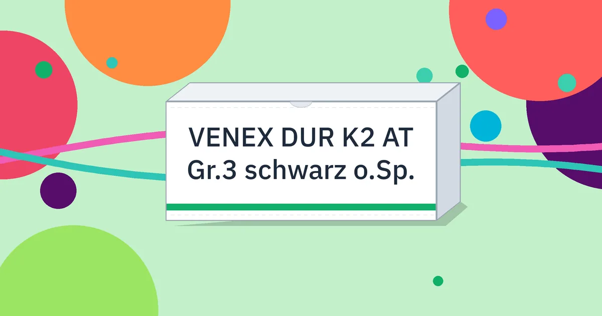 Symbolbild: Packung mit der Aufschrift VENEX DUR K2 AT Gr.3 schwarz o.Sp. (PZN 03224929) – Verfügbarkeit und Bezug in Apotheken in Frankfurt am Main