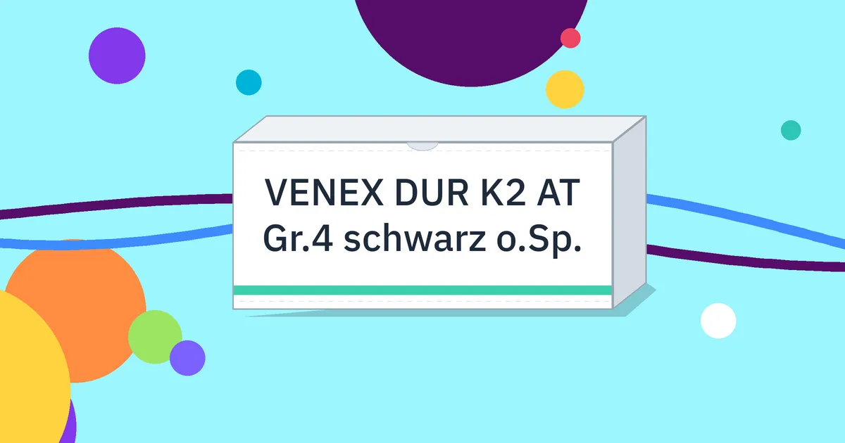 Symbolbild: Packung mit der Aufschrift VENEX DUR K2 AT Gr.4 schwarz o.Sp. (PZN 03224935) – Verfügbarkeit und Bezug in Apotheken in Frankfurt am Main
