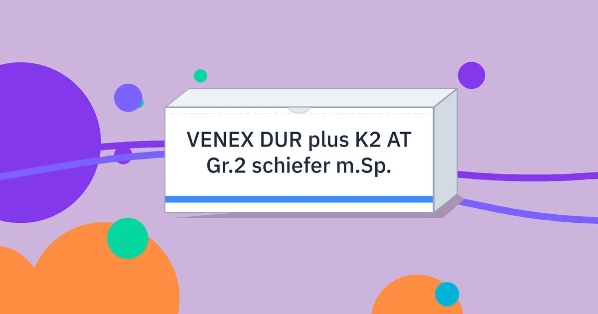 Symbolbild: Packung mit der Aufschrift VENEX DUR plus K2 AT Gr.2 schiefer m.Sp. (PZN 03234394) – Verfügbarkeit und Bezug in Apotheken in Frankfurt am Main