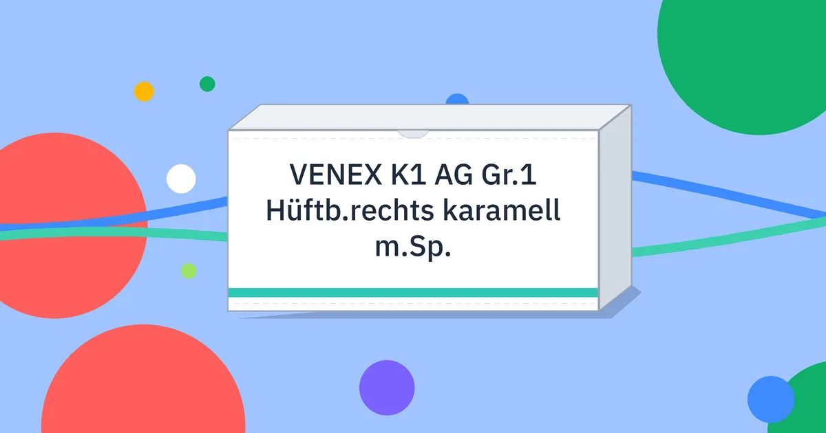 Symbolbild: Packung mit der Aufschrift VENEX K1 AG Gr.1 Hüftb.rechts karamell m.Sp. (PZN 13760801) – Verfügbarkeit und Bezug in Apotheken in Frankfurt am Main