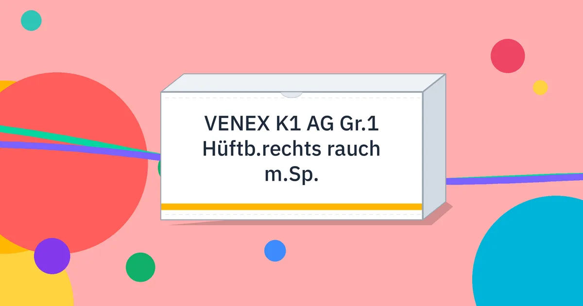 Symbolbild: Packung mit der Aufschrift VENEX K1 AG Gr.1 Hüftb.rechts rauch m.Sp. (PZN 03201940) – Verfügbarkeit und Bezug in Apotheken in Frankfurt am Main