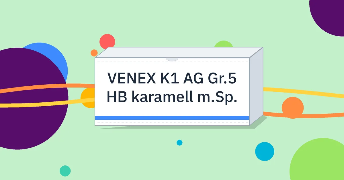 Symbolbild: Packung mit der Aufschrift VENEX K1 AG Gr.5 HB karamell m.Sp. (PZN 13757584) – Verfügbarkeit und Bezug in Apotheken in Frankfurt am Main