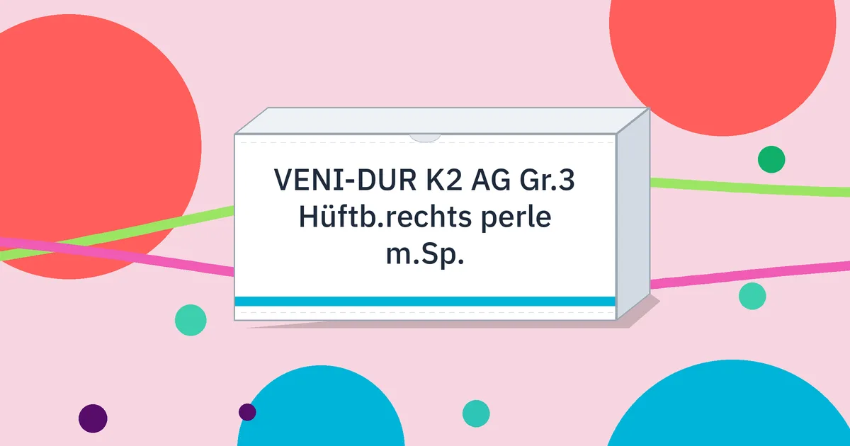 Symbolbild: Packung mit der Aufschrift VENI-DUR K2 AG Gr.3 Hüftb.rechts perle m.Sp. (PZN 03248580) – Verfügbarkeit und Bezug in Apotheken in Frankfurt am Main