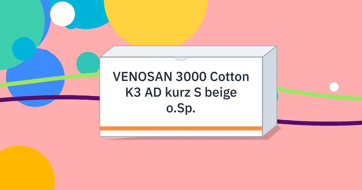 Symbolbild: Packung mit der Aufschrift VENOSAN 3000 Cotton K3 AD kurz S beige o.Sp. (PZN 14421656) – Verfügbarkeit und Bezug in Apotheken in Frankfurt am Main