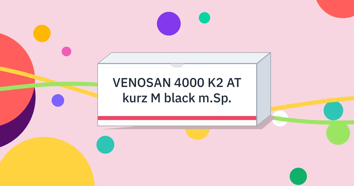 Symbolbild: Packung mit der Aufschrift VENOSAN 4000 K2 AT kurz M black m.Sp. (PZN 14427570) – Verfügbarkeit und Bezug in Apotheken in Frankfurt am Main