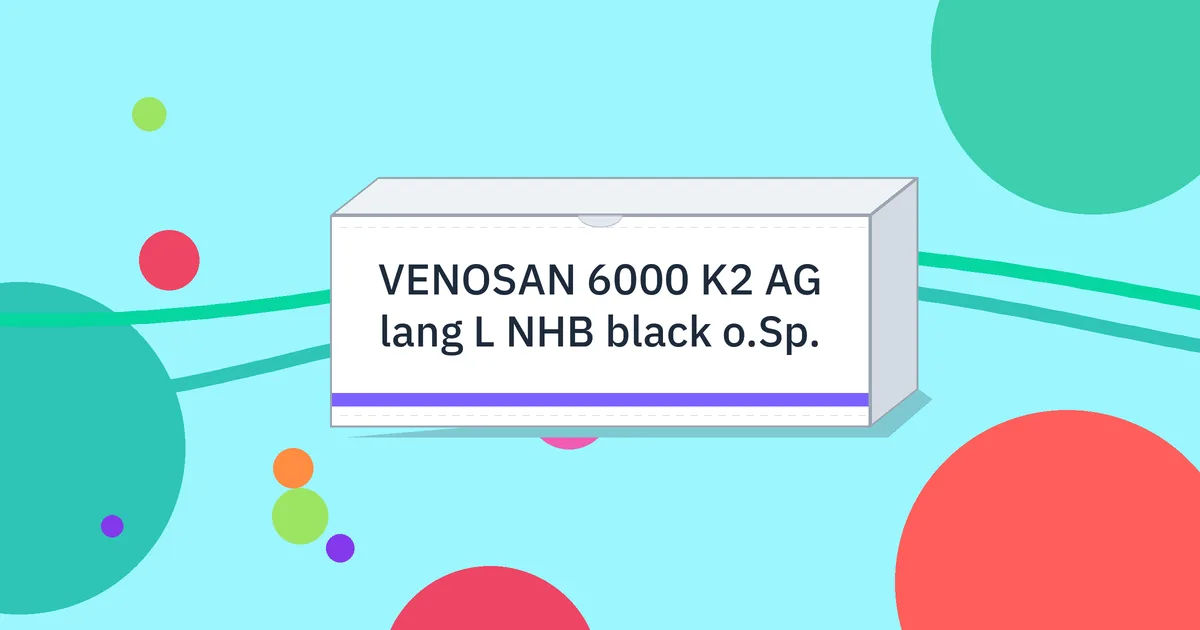 Symbolbild: Packung mit der Aufschrift VENOSAN 6000 K2 AG lang L NHB black o.Sp. (PZN 17172892) – Verfügbarkeit und Bezug in Apotheken in Frankfurt am Main