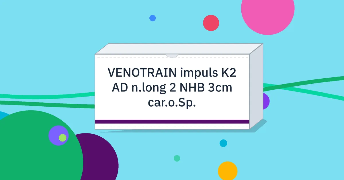 Symbolbild: Packung mit der Aufschrift VENOTRAIN impuls K2 AD n.long 2 NHB 3cm car.o.Sp. (PZN 08427100) – Verfügbarkeit und Bezug in Apotheken in Frankfurt am Main