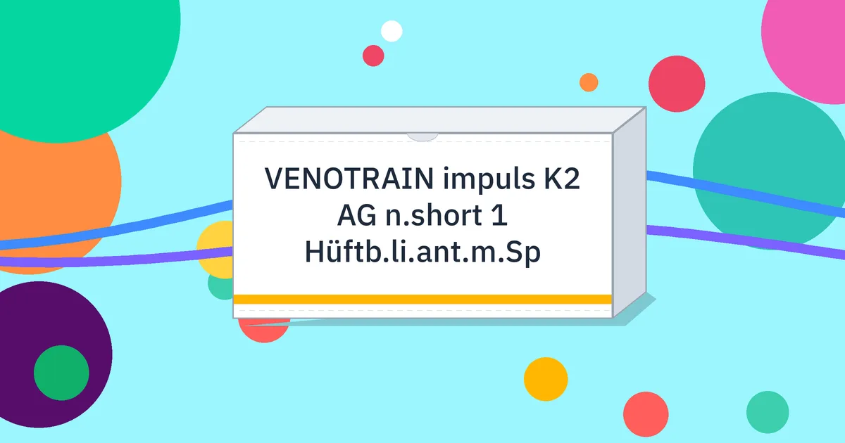 Symbolbild: Packung mit der Aufschrift VENOTRAIN impuls K2 AG n.short 1 Hüftb.li.ant.m.Sp (PZN 15219307) – Verfügbarkeit und Bezug in Apotheken in Frankfurt am Main