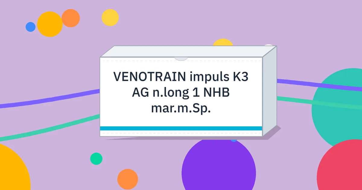 Symbolbild: Packung mit der Aufschrift VENOTRAIN impuls K3 AG n.long 1 NHB mar.m.Sp. (PZN 15215261) – Verfügbarkeit und Bezug in Apotheken in Frankfurt am Main