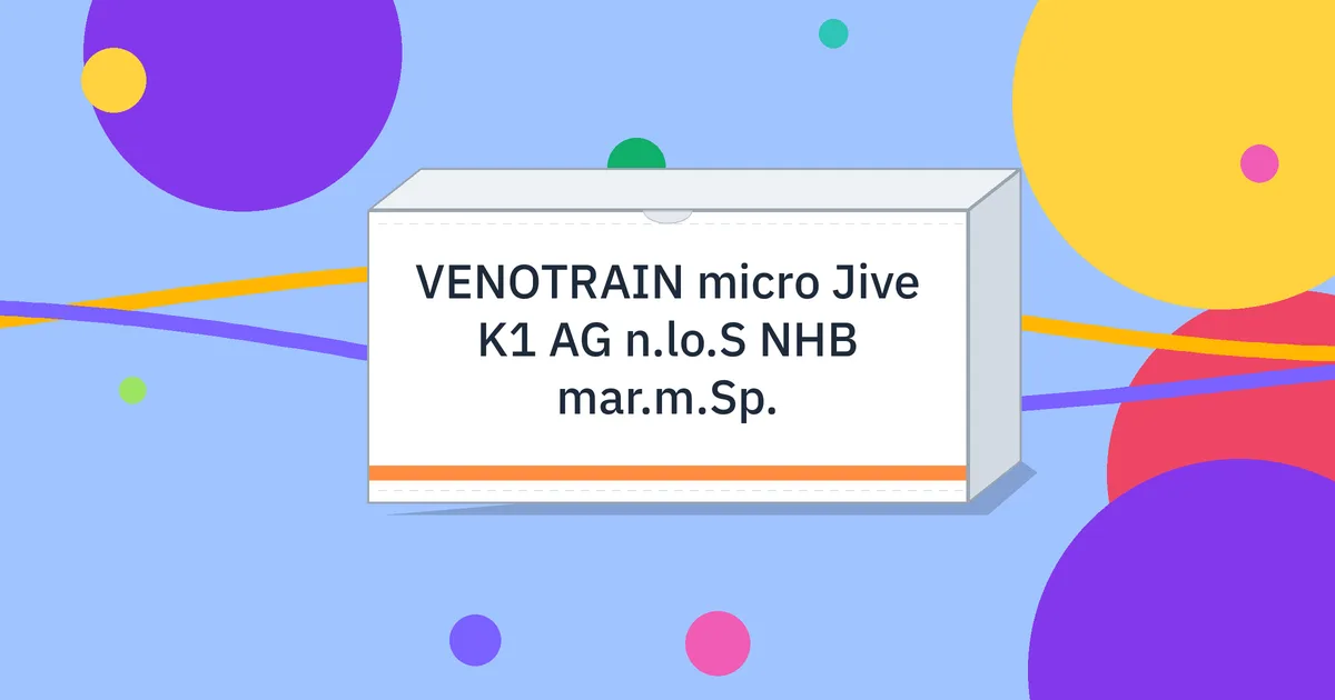 Symbolbild: Packung mit der Aufschrift VENOTRAIN micro Jive K1 AG n.lo.S NHB mar.m.Sp. (PZN 17767272) – Verfügbarkeit und Bezug in Apotheken in Frankfurt am Main