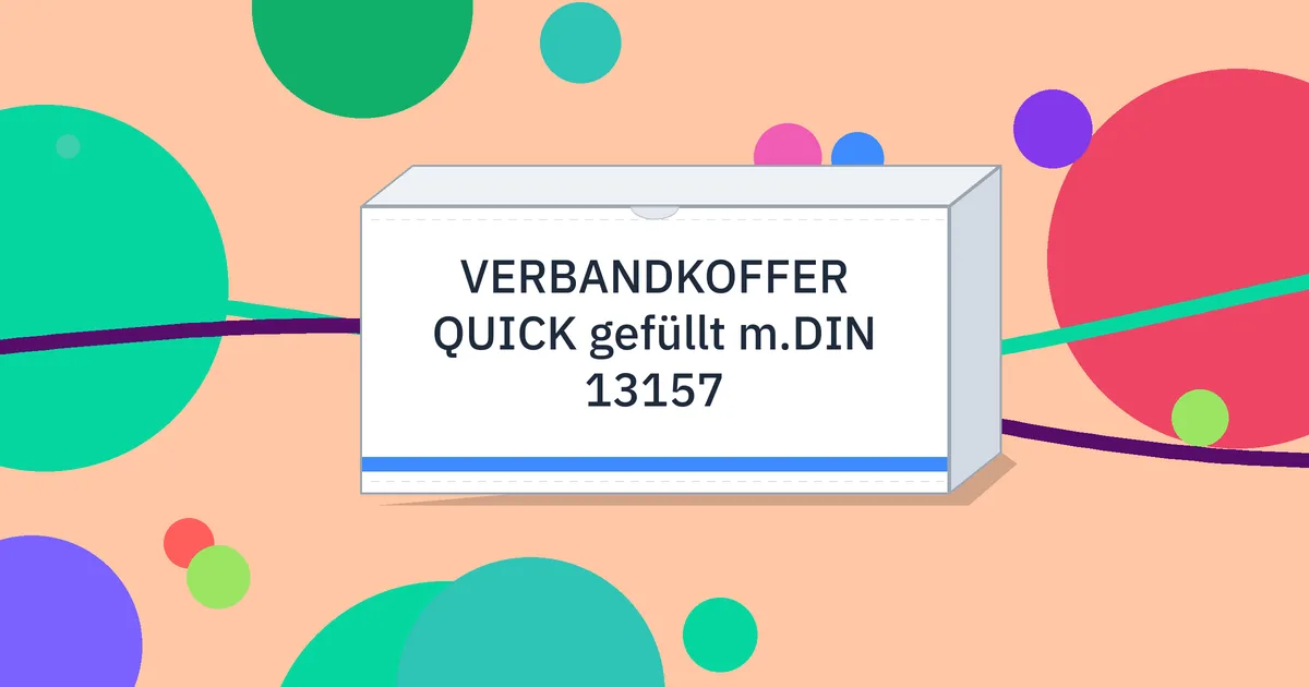 Symbolbild: Packung mit der Aufschrift VERBANDKOFFER QUICK gefüllt m.DIN 13157 (PZN 13250224) – Verfügbarkeit und Bezug in Apotheken in Frankfurt am Main