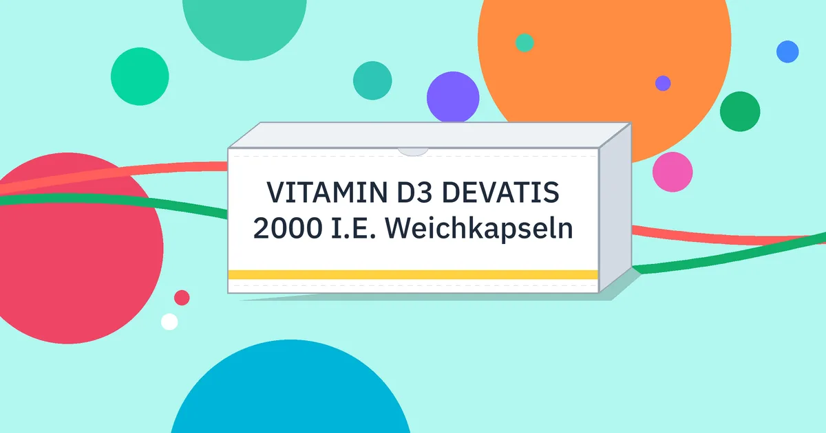 Symbolbild: Packung mit der Aufschrift VITAMIN D3 DEVATIS 2000 I.E. Weichkapseln (PZN 20348490) – Verfügbarkeit und Bezug in Apotheken in Frankfurt am Main
