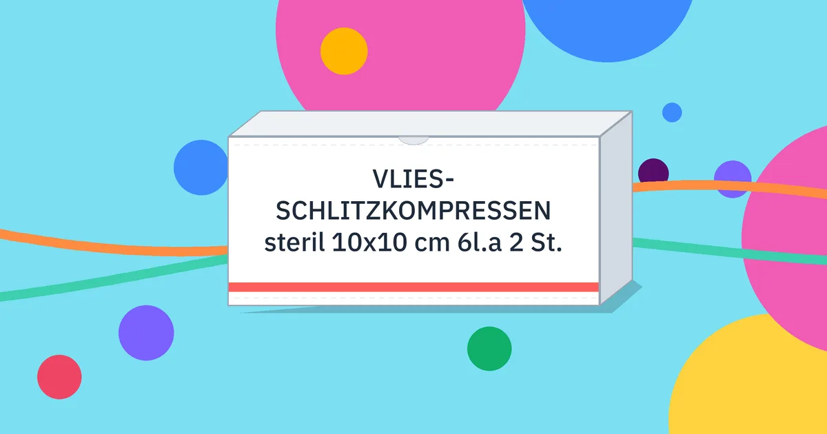 Symbolbild: Packung mit der Aufschrift VLIES-SCHLITZKOMPRESSEN steril 10x10 cm 6l.a 2 St. (PZN 10352390) – Verfügbarkeit und Bezug in Apotheken in Frankfurt am Main