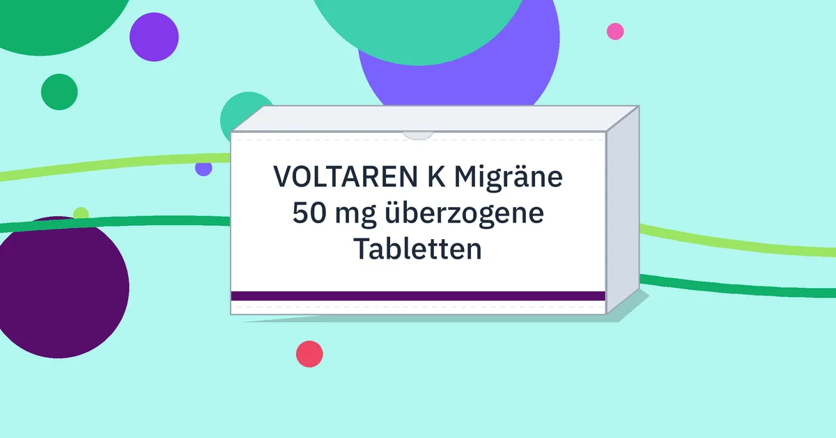 Symbolbild: Packung mit der Aufschrift VOLTAREN K Migräne 50 mg überzogene Tabletten (PZN 03063596) – Verfügbarkeit und Bezug in Apotheken in Frankfurt am Main
