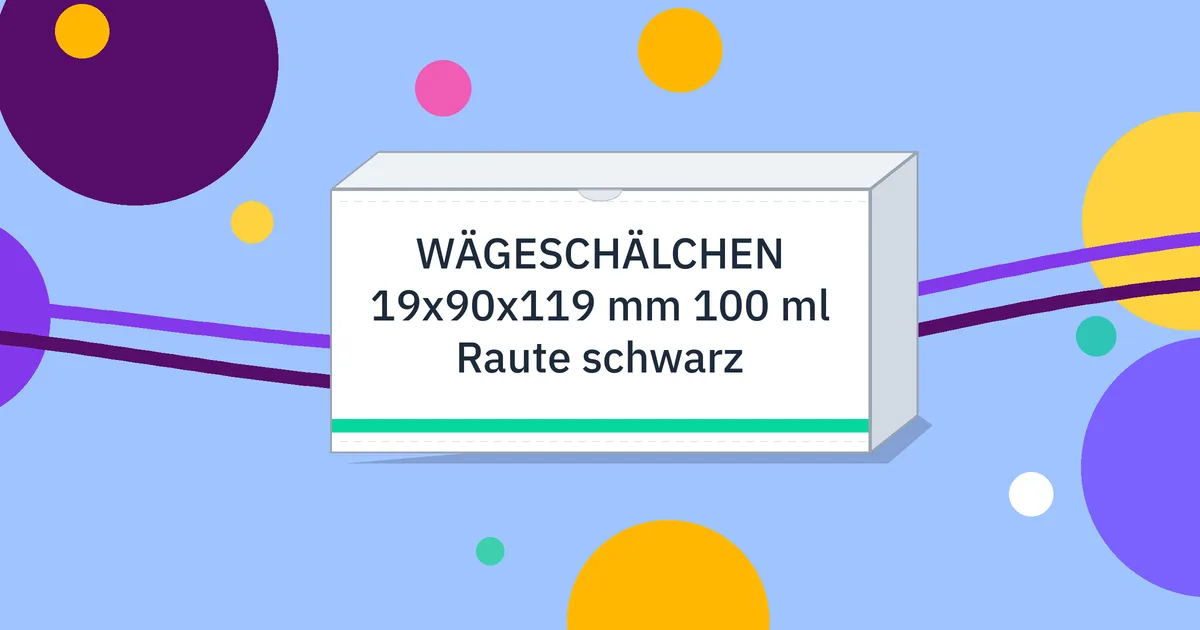 Symbolbild: Packung mit der Aufschrift WÄGESCHÄLCHEN 19x90x119 mm 100 ml Raute schwarz (PZN 18770804) – Verfügbarkeit und Bezug in Apotheken in Frankfurt am Main